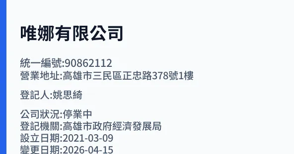 唯娜有限公司的照片-統編 90862112(高雄市) 公司登記資料與營業項目詳細圖表