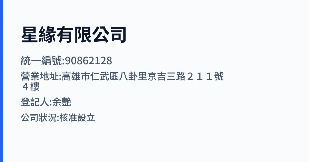 星緣有限公司 - 統編 90862128(高雄市) 公司登記資料與營業項目詳細圖表