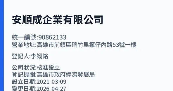 安順成企業有限公司的照片-統編 90862133(高雄市) 公司登記資料與營業項目詳細圖表