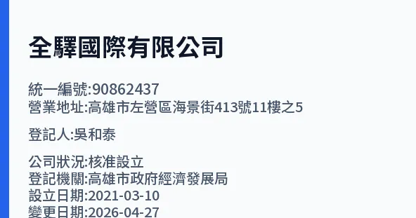 全驛國際有限公司的照片-統編 90862437(高雄市) 公司登記資料與營業項目詳細圖表