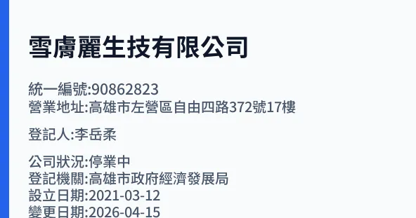 雪膚麗生技有限公司的照片-統編 90862823(高雄市) 公司登記資料與營業項目詳細圖表