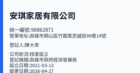 安琪家居有限公司的照片-統編 90862871(高雄市) 公司登記資料與營業項目詳細圖表