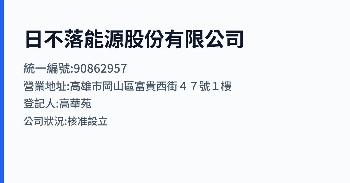 日不落能源股份有限公司 - 統編 90862957(高雄市) 公司登記資料與營業項目詳細圖表