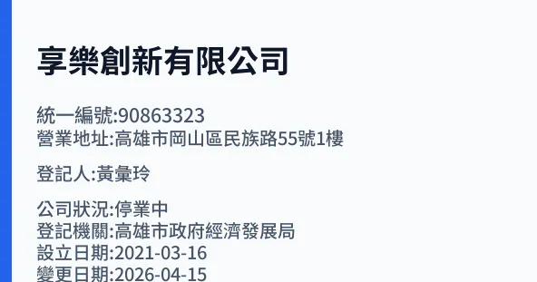 享樂創新有限公司的照片-統編 90863323(高雄市) 公司登記資料與營業項目詳細圖表