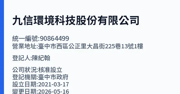 九信環境科技股份有限公司的照片-統編 90864499(臺中市) 公司登記資料與營業項目詳細圖表