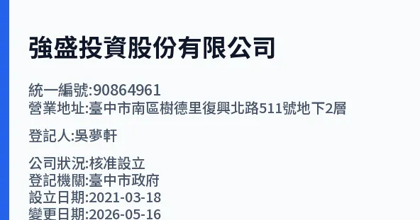 強盛投資股份有限公司的照片-統編 90864961(臺中市) 公司登記資料與營業項目詳細圖表