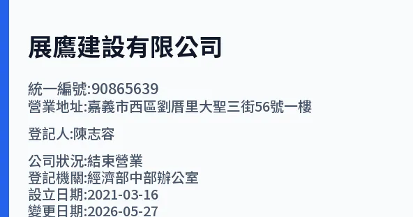 展鷹建設有限公司的照片-統編 90865639(嘉義市) 公司登記資料與營業項目詳細圖表