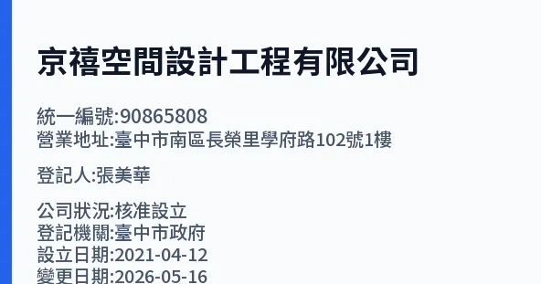 京禧空間設計工程有限公司的照片-統編 90865808(臺中市) 公司登記資料與營業項目詳細圖表