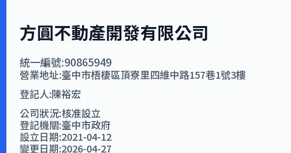 方圓不動產開發有限公司的照片-統編 90865949(臺中市) 公司登記資料與營業項目詳細圖表
