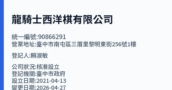 龍騎士西洋棋有限公司的照片-統編 90866291(臺中市) 公司登記資料與營業項目詳細圖表