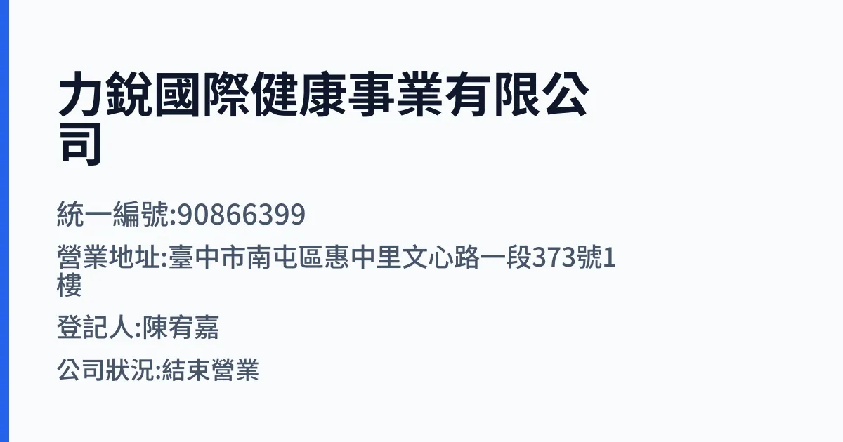 力銳國際健康事業有限公司 - 統編 90866399(臺中市) 公司登記資料與營業項目詳細圖表