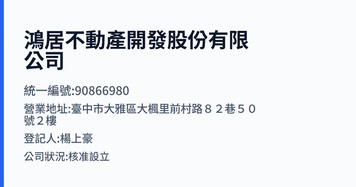 鴻居不動產開發股份有限公司 - 統編 90866980(臺中市) 公司登記資料與營業項目詳細圖表