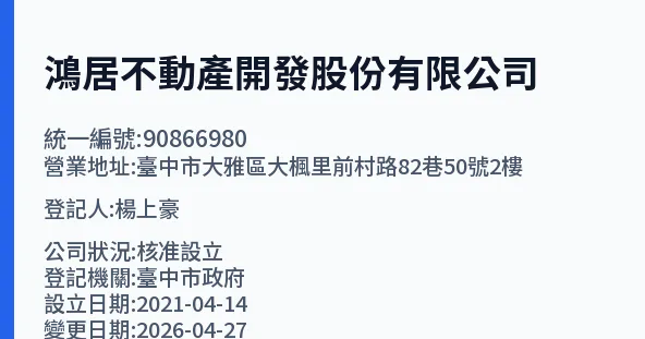 鴻居不動產開發股份有限公司的照片-統編 90866980(臺中市) 公司登記資料與營業項目詳細圖表