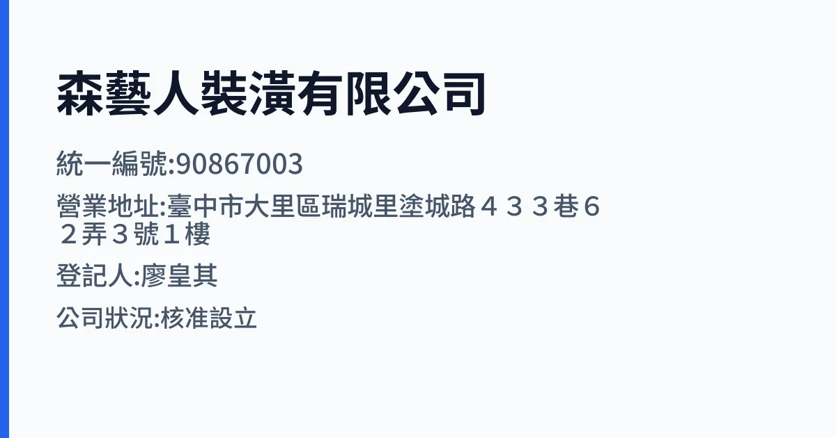森藝人裝潢有限公司 - 統編 90867003(臺中市) 公司登記資料與營業項目詳細圖表