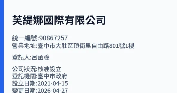 芙緹娜國際有限公司的照片-統編 90867257(臺中市) 公司登記資料與營業項目詳細圖表