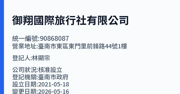 御翔國際旅行社有限公司的照片-統編 90868087(臺南市) 公司登記資料與營業項目詳細圖表