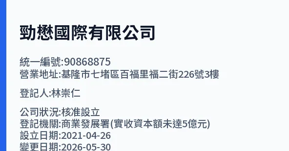 勁懋國際有限公司的照片-統編 90868875(基隆市) 公司登記資料與營業項目詳細圖表