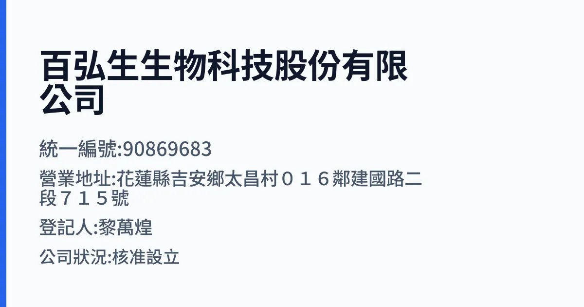 百弘生生物科技股份有限公司 - 統編 90869683(花蓮縣) 公司登記資料與營業項目詳細圖表