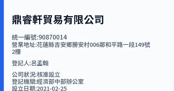 鼎睿軒貿易有限公司的照片-統編 90870014(花蓮縣) 公司登記資料與營業項目詳細圖表