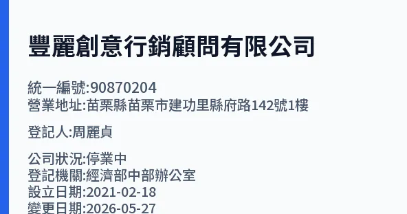 豐麗創意行銷顧問有限公司的照片-統編 90870204(苗栗縣) 公司登記資料與營業項目詳細圖表