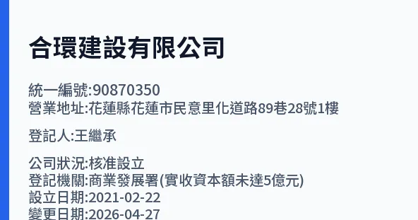 合環建設有限公司的照片-統編 90870350(花蓮縣) 公司登記資料與營業項目詳細圖表