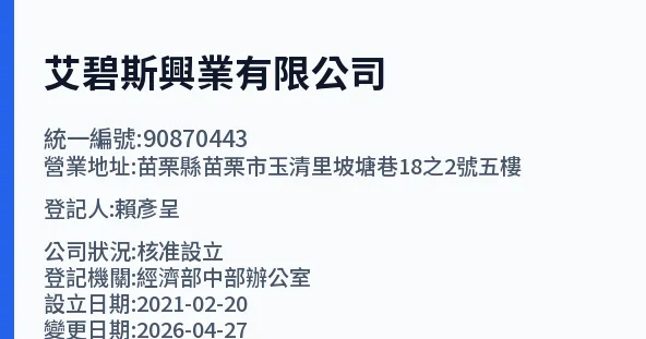艾碧斯興業有限公司的照片-統編 90870443(苗栗縣) 公司登記資料與營業項目詳細圖表