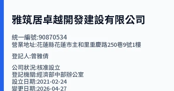 雅筑居卓越開發建設有限公司的照片-統編 90870534(花蓮縣) 公司登記資料與營業項目詳細圖表