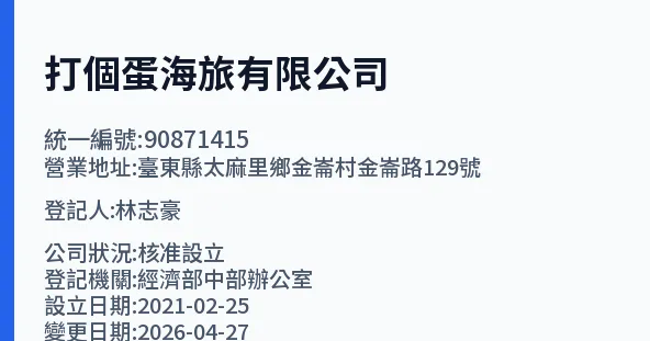 打個蛋海旅有限公司的照片-統編 90871415(臺東縣) 公司登記資料與營業項目詳細圖表