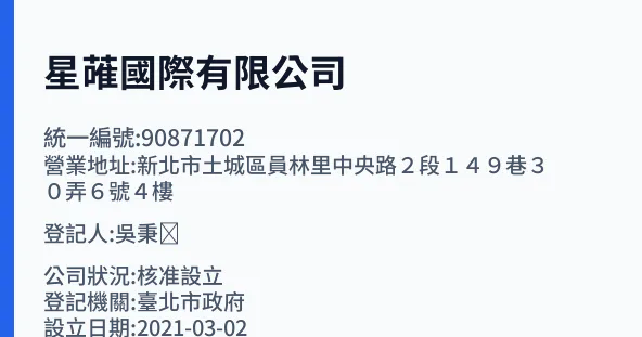 星蓶國際有限公司的照片-統編 90871702(臺北市) 公司登記資料與營業項目詳細圖表