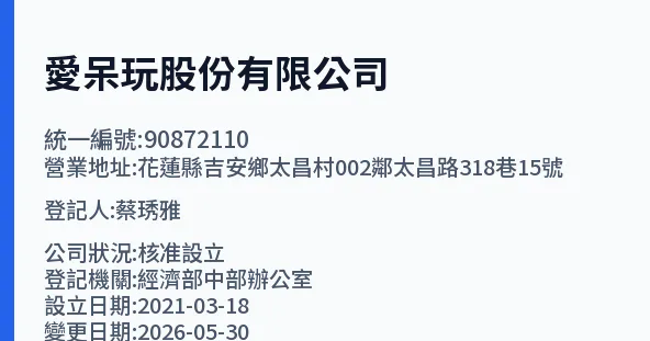 愛呆玩股份有限公司的照片-統編 90872110(花蓮縣) 公司登記資料與營業項目詳細圖表
