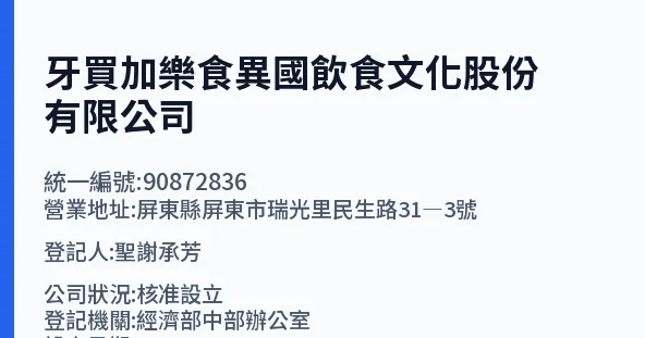 牙買加樂食異國飲食文化股份有限公司的照片-統編 90872836(屏東縣) 公司登記資料與營業項目詳細圖表