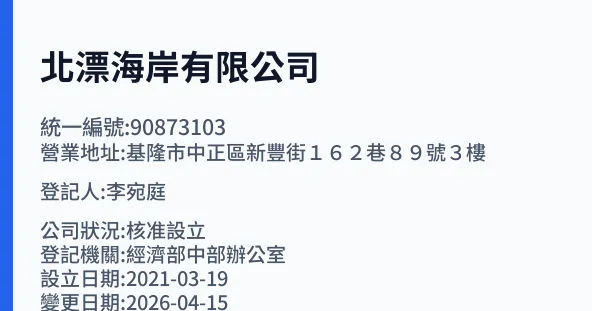 北漂海岸有限公司的照片-統編 90873103(基隆市) 公司登記資料與營業項目詳細圖表