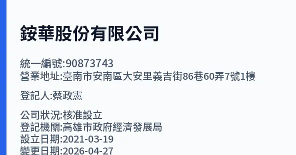 銨華股份有限公司的照片-統編 90873743(臺南市) 公司登記資料與營業項目詳細圖表