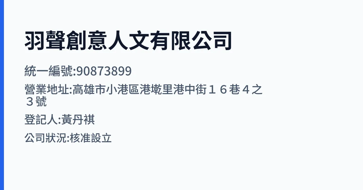 羽聲創意人文有限公司 - 統編 90873899(高雄市) 公司登記資料與營業項目詳細圖表