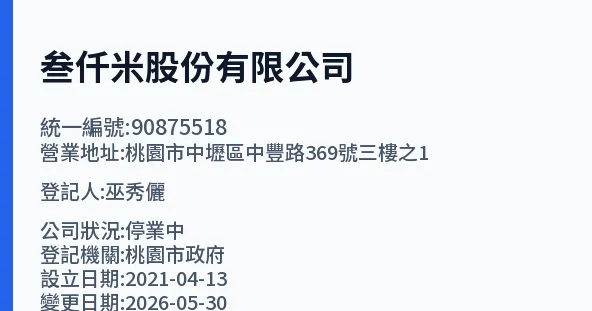 叁仟米股份有限公司的照片-統編 90875518(桃園市) 公司登記資料與營業項目詳細圖表
