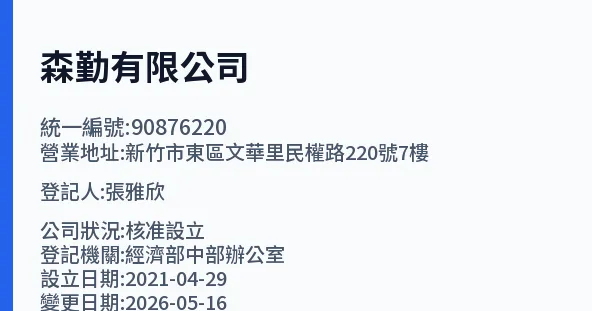森勤有限公司的照片-統編 90876220(新竹市) 公司登記資料與營業項目詳細圖表