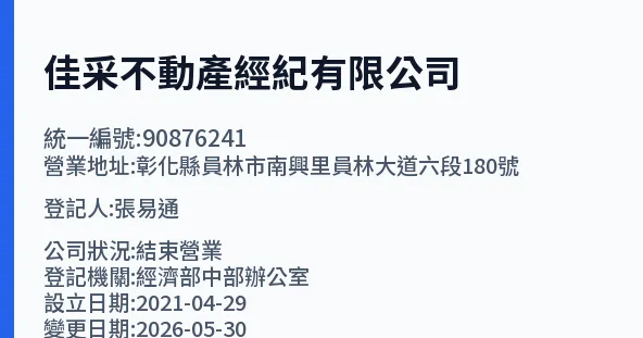佳采不動產經紀有限公司的照片-統編 90876241(彰化縣) 公司登記資料與營業項目詳細圖表