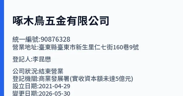 啄木鳥五金有限公司的照片-統編 90876328(臺東縣) 公司登記資料與營業項目詳細圖表