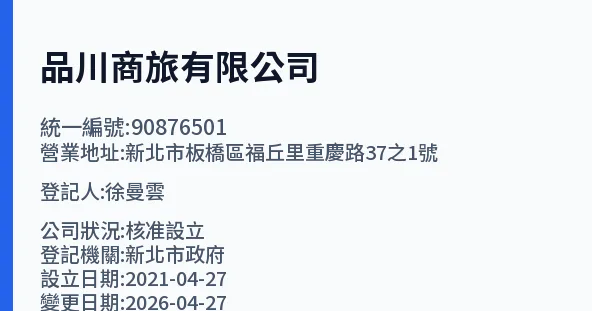 品川商旅有限公司的照片-統編 90876501(新北市) 公司登記資料與營業項目詳細圖表