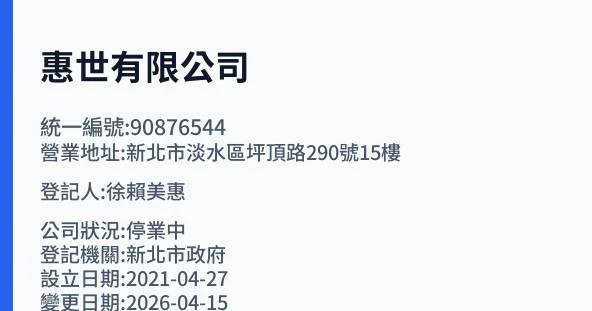 惠世有限公司的照片-統編 90876544(新北市) 公司登記資料與營業項目詳細圖表