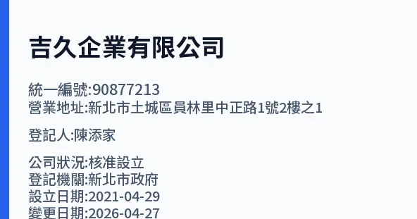 吉久企業有限公司的照片-統編 90877213(新北市) 公司登記資料與營業項目詳細圖表