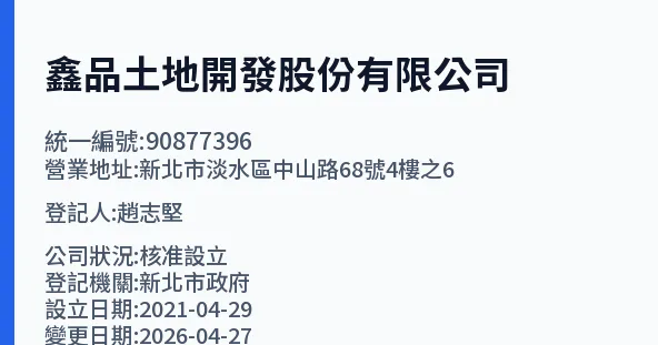 鑫品土地開發股份有限公司的照片-統編 90877396(新北市) 公司登記資料與營業項目詳細圖表