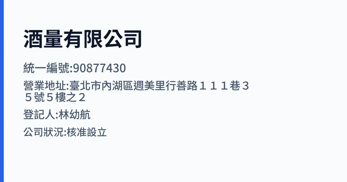 酒量有限公司 - 統編 90877430(新北市) 公司登記資料與營業項目詳細圖表