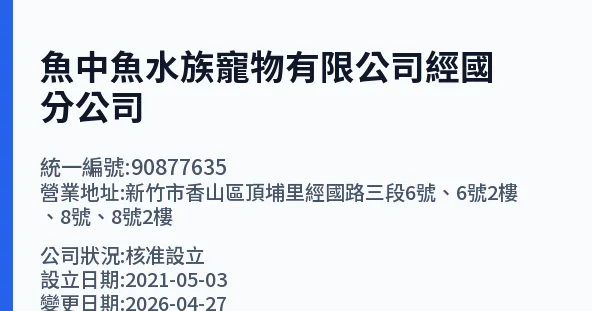 魚中魚水族寵物有限公司經國分公司的照片-統編 90877635(新竹市) 公司登記資料與營業項目詳細圖表