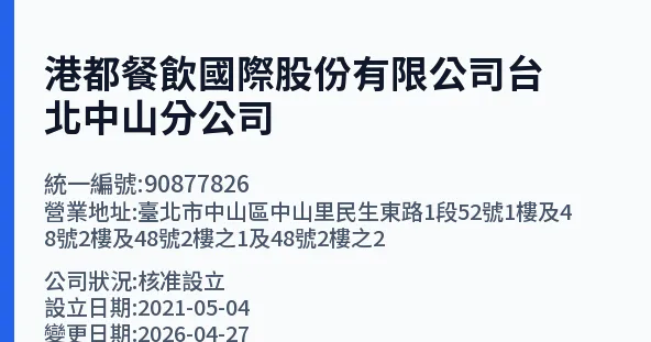 港都餐飲國際股份有限公司台北中山分公司的照片-統編 90877826(臺北市) 公司登記資料與營業項目詳細圖表