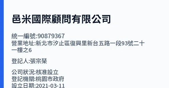 邑米國際顧問有限公司的照片-統編 90879367(新北市) 公司登記資料與營業項目詳細圖表