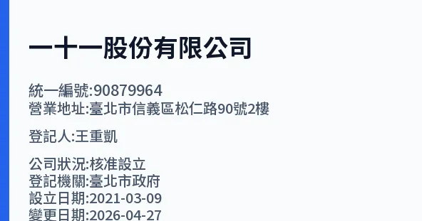 一十一股份有限公司的照片-統編 90879964(臺北市) 公司登記資料與營業項目詳細圖表