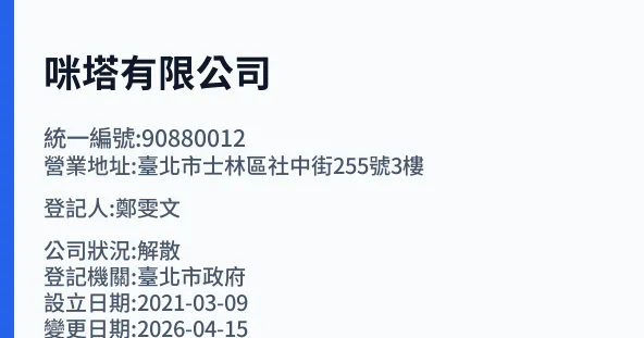 咪塔有限公司的照片-統編 90880012(臺北市) 公司登記資料與營業項目詳細圖表