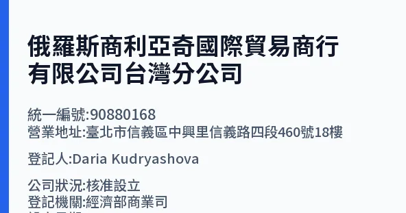 俄羅斯商利亞奇國際貿易商行有限公司台灣分公司的照片-統編 90880168(臺北市) 公司登記資料與營業項目詳細圖表