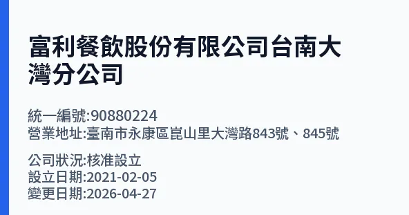 富利餐飲股份有限公司台南大灣分公司的照片-統編 90880224(臺南市) 公司登記資料與營業項目詳細圖表